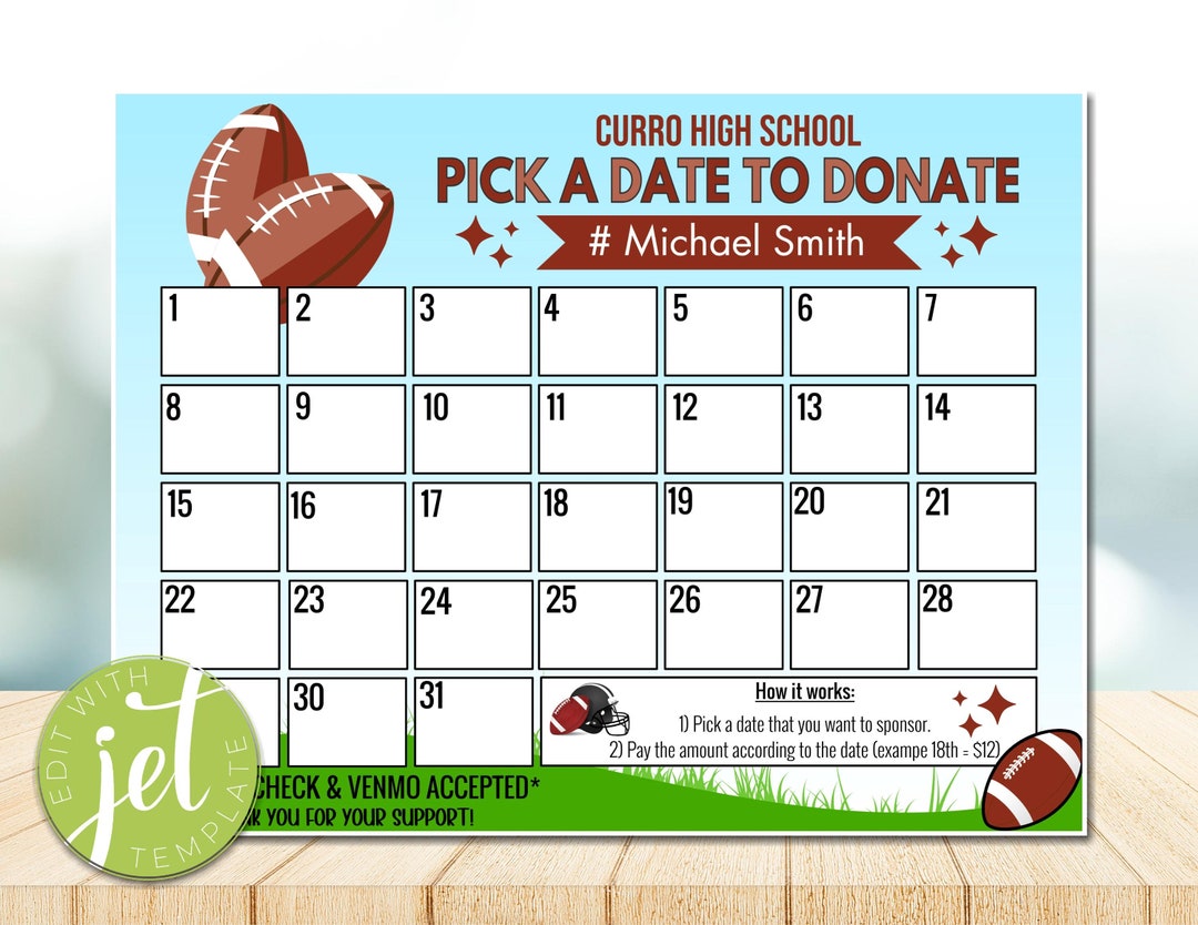 Editable Football Calendar Pick a Date to Donate Fundraiser Template ...