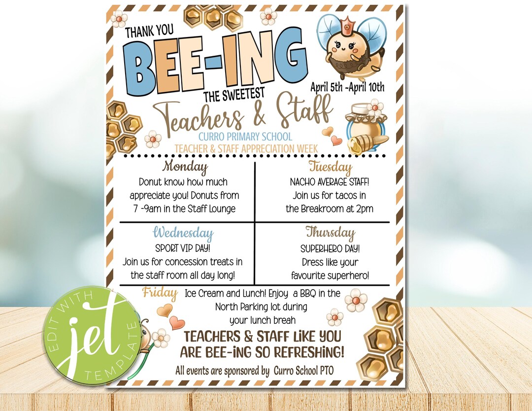 Editable Bumble Bee Theme Teacher and Staff Appreciation Itinerary ...