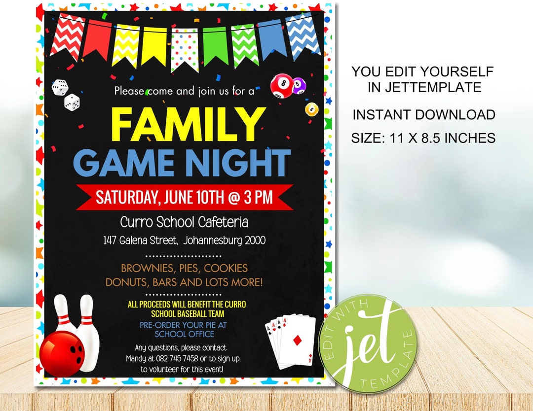 Editable Family Game Night Flyer, PTA PTO Flyer, School Church Benefit ...