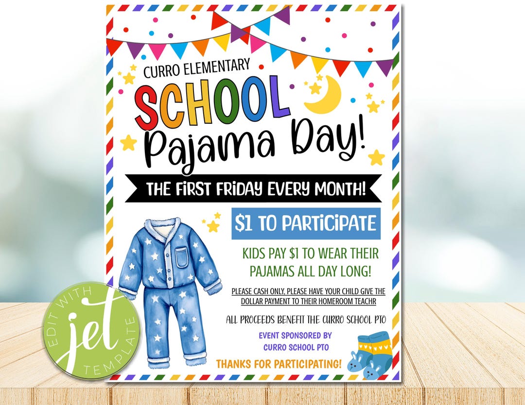 Editable School Pajama Day Flyer, School Spirit Party, Kids Elementary ...
