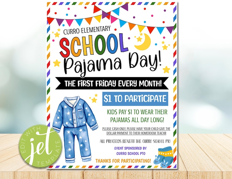 Editable School Pajama Day Flyer, School Spirit Party, Kids Elementary ...