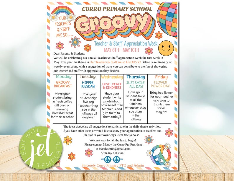 Editable Groovy 60s 70s Theme Teacher Appreciation Week Itinerary ...