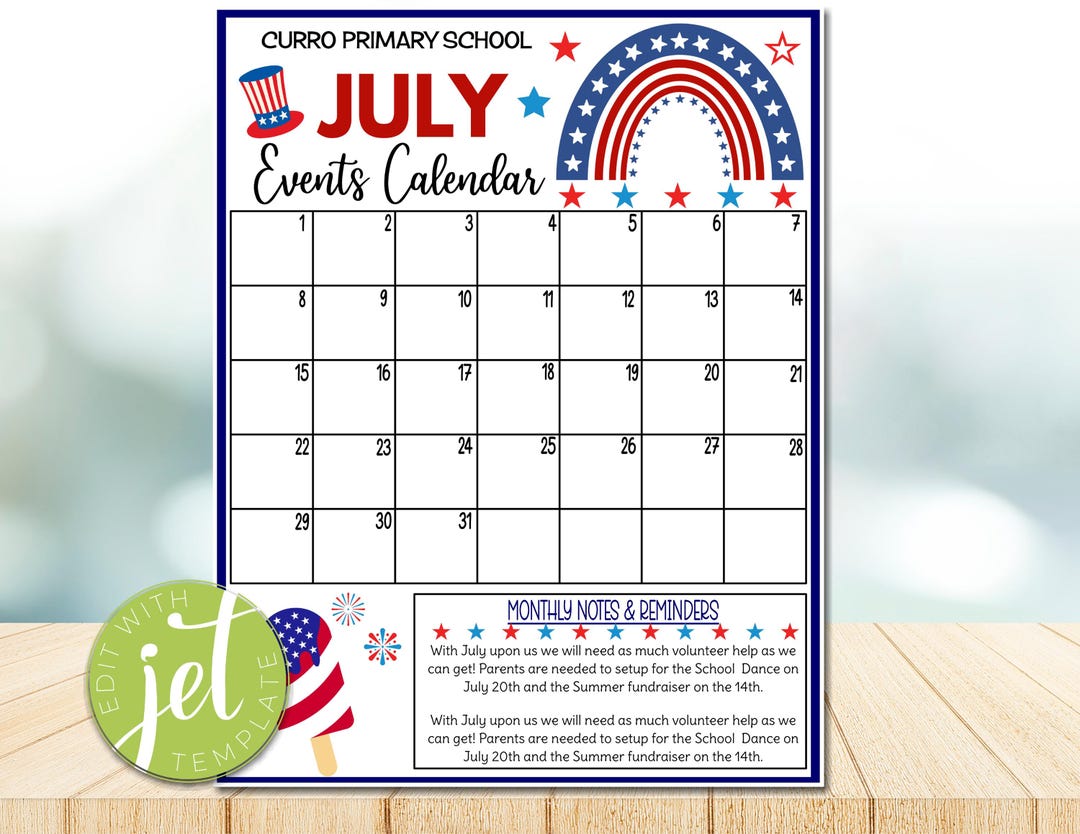 Editable July Events Calendar, Summer PTO PTA Handout, School Year ...