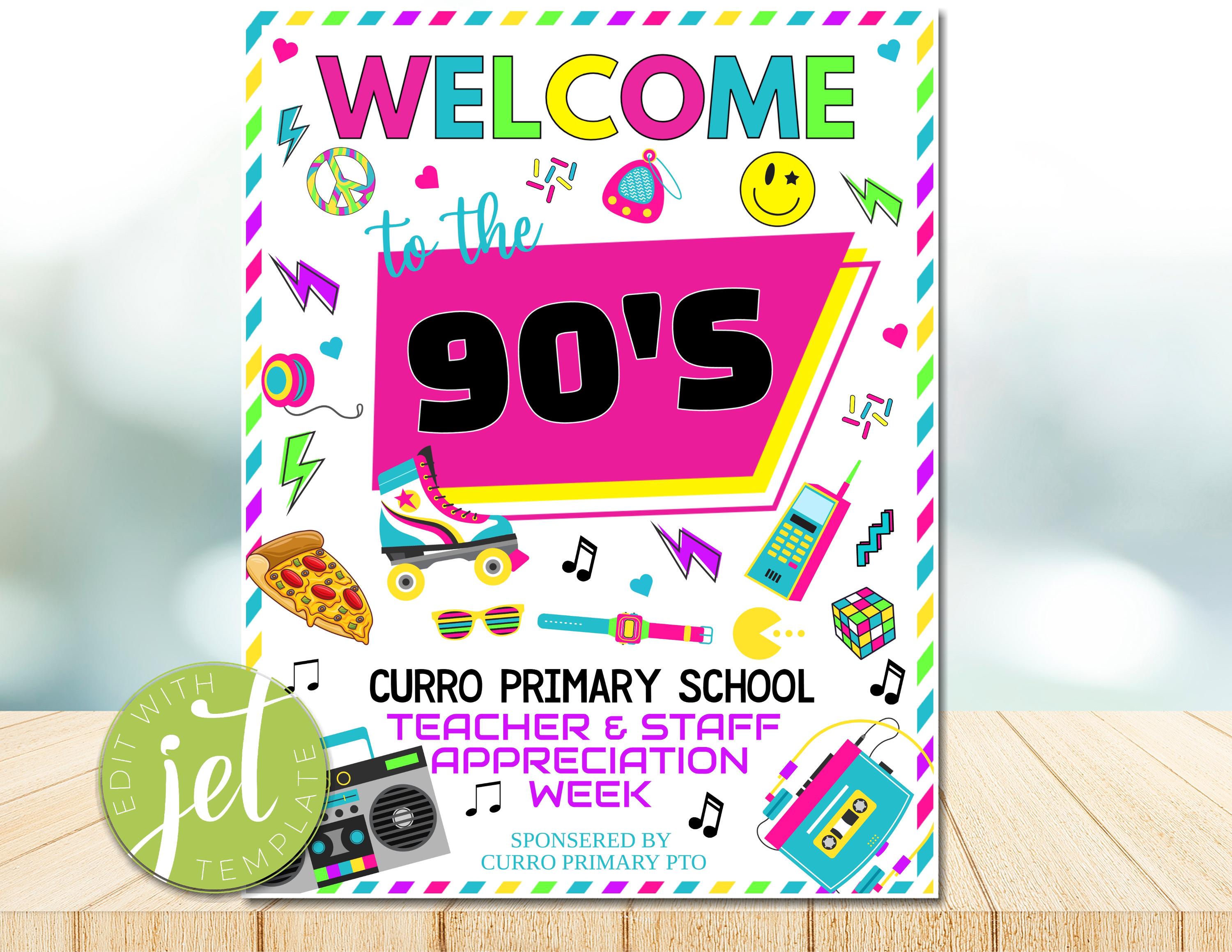 Editable 80s 90s Theme Appreciation Week Welcome Flyer Staff Employee ...