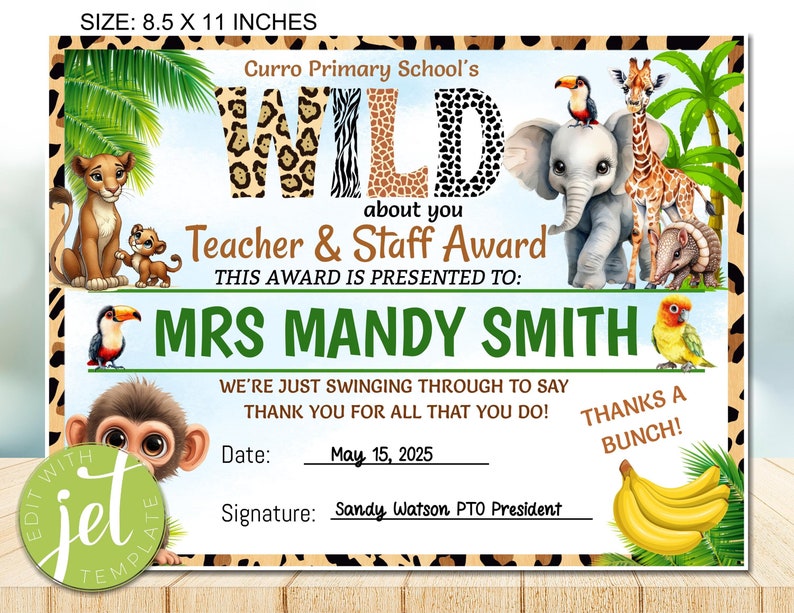 EDITABLE Jungle Zoo Theme Teacher Appreciation Week Award Certificates ...