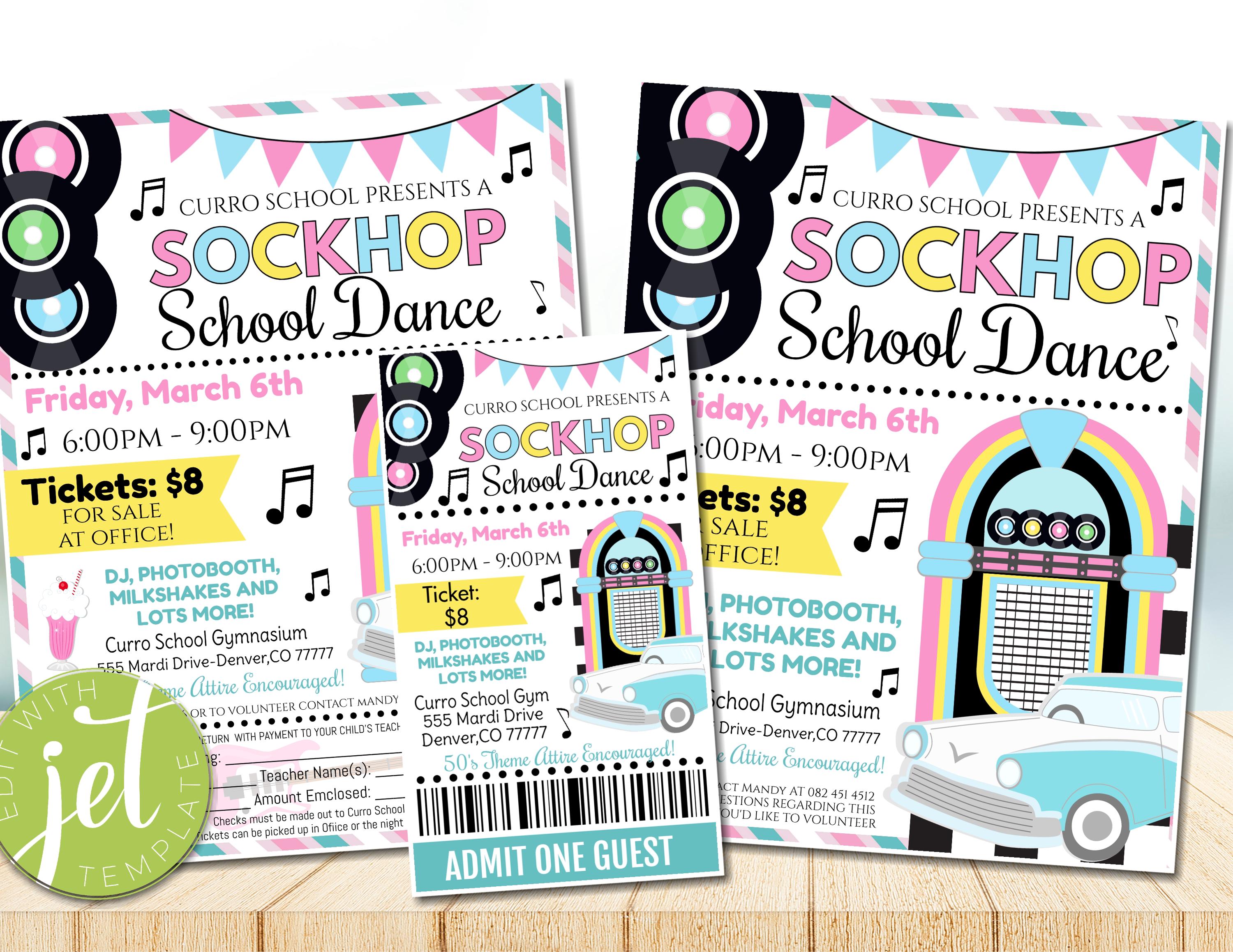 EDITABLE 50's Theme Sock Hop School Dance Invite Set, Sock Hop Form ...