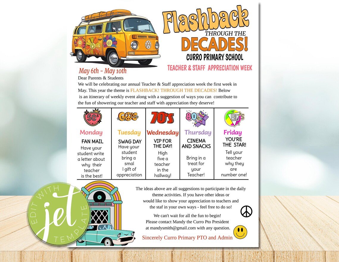 Editable Flashback Decades Itinerary, Teacher Appreciation Week ...