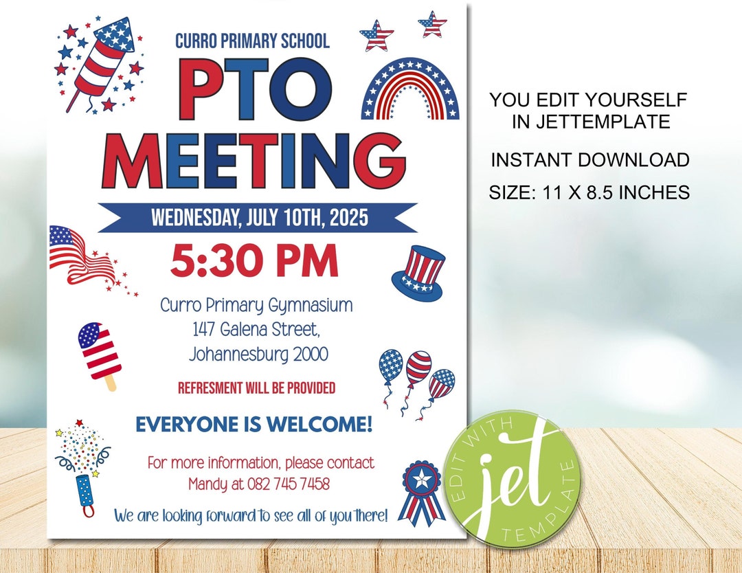 Editable July PTO PTA Meeting Flyer Template, Summer Meeting Reminder ...