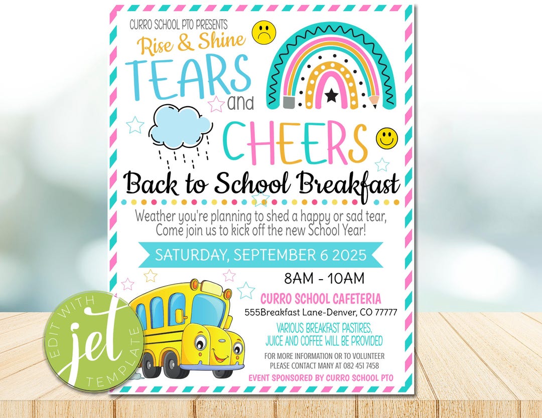 Editable Tears and Cheers Breakfast, Printable PTA PTO Flyer Invite ...