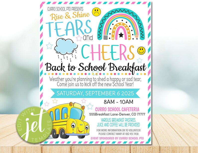 Editable Tears and Cheers Breakfast, Printable PTA PTO Flyer Invite ...