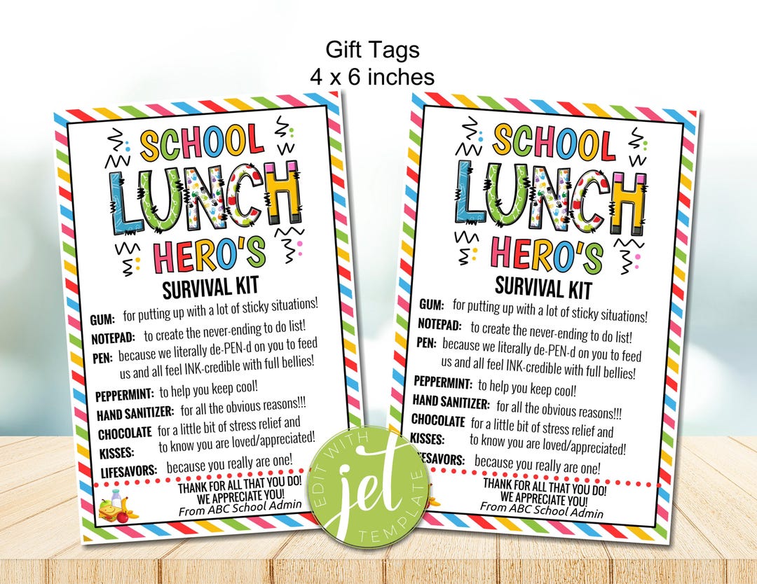 EDITABLE School Lunch Worker Survival Kit Gift Tag, National School ...