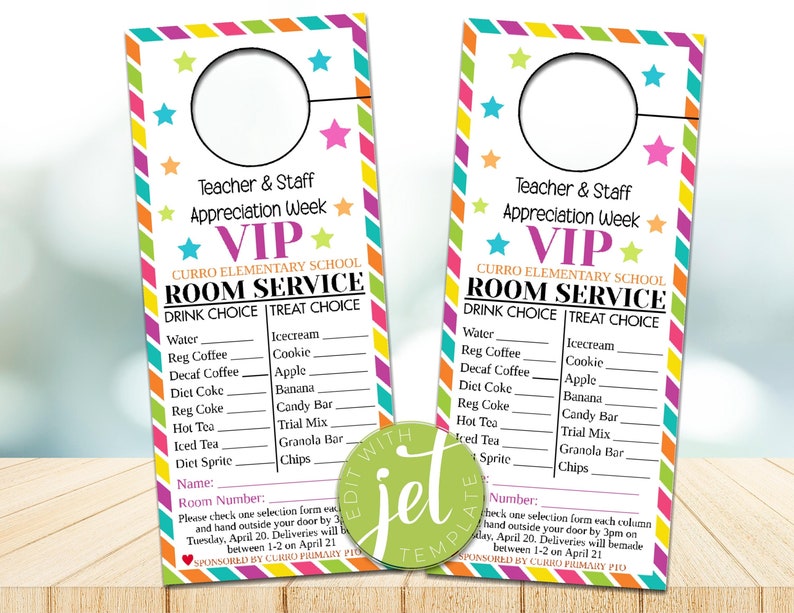 Editable Room Service Door Hanger, Teacher and Staff Appreciation Ideas ...
