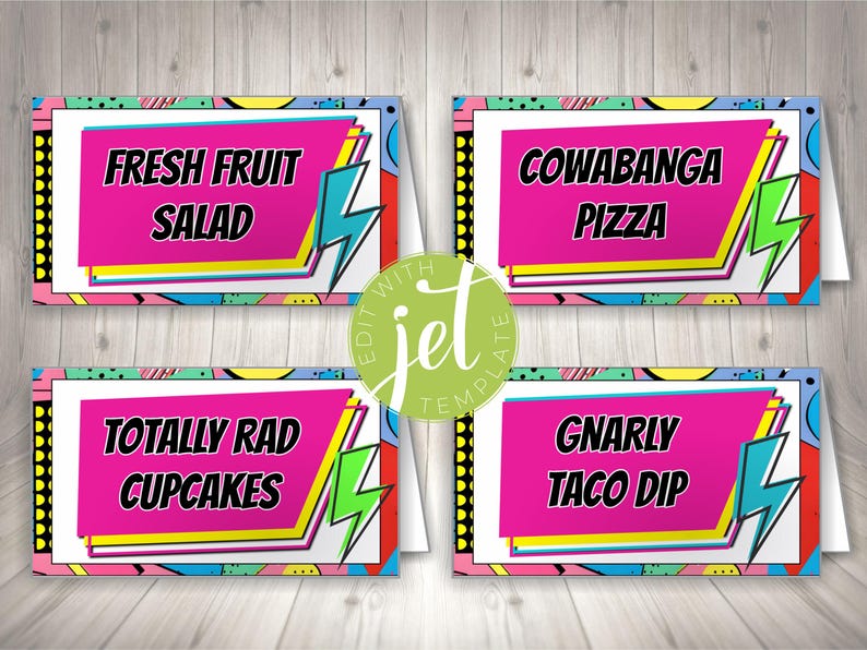 80s 90s Party Food Tent Labels, Retro Throwback Table Signs, Tent Cards ...