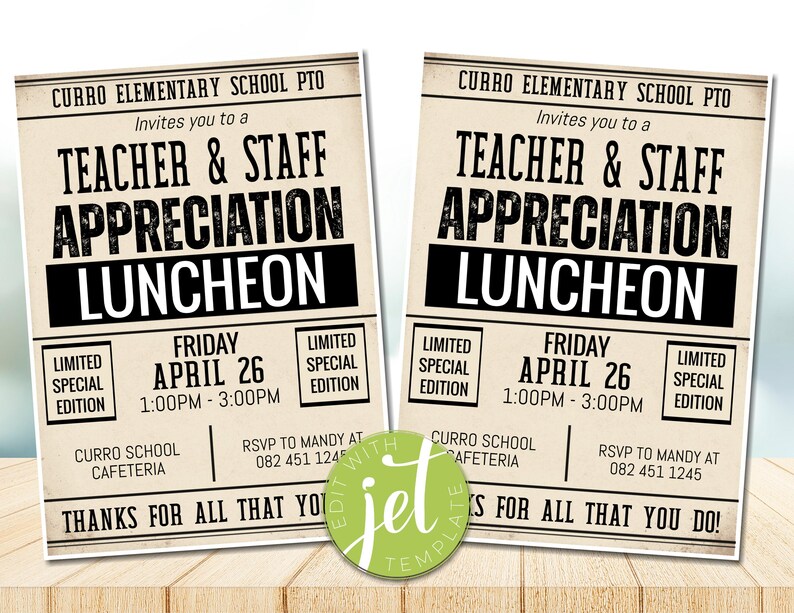EDITABLE Newspaper Theme Teacher Appreciation Luncheon Invitation ...