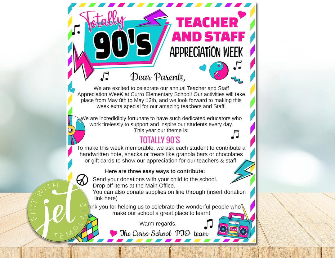 EDITABLE Teacher Appreciation Week Itinerary, Retro Throwback 80s 90s ...