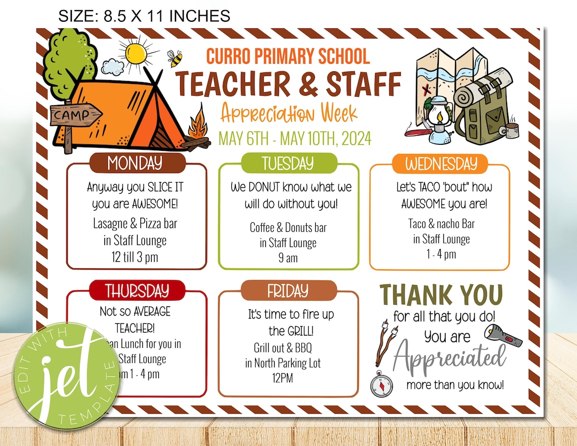 EDITABLE Teacher Appreciation Week Itinerary, Camp Theme Teacher ...