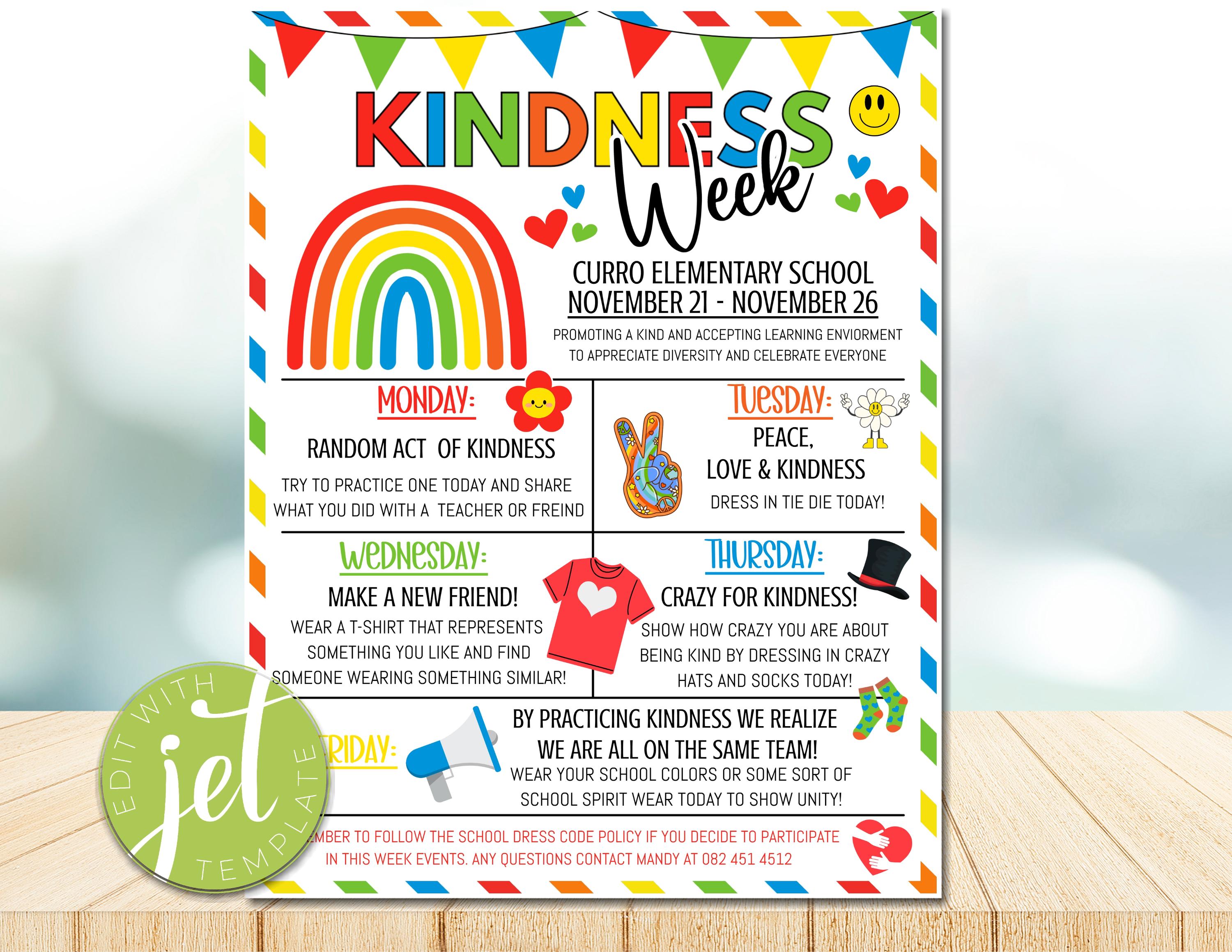 Editable Kindness Week Itinerary Flyer, Diversity Inclusion, School PTO ...