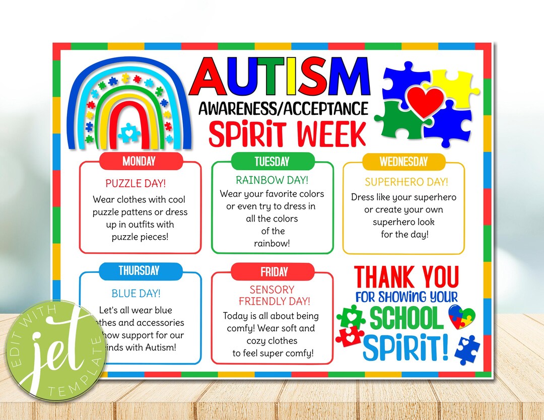 EDITABLE Autism Awareness & Acceptance Spirit Week Flyer, Itinerary ...