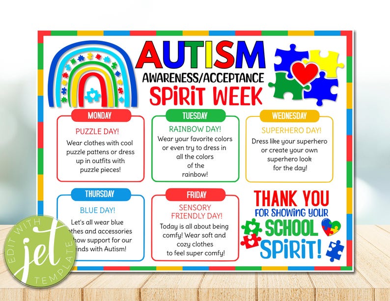 EDITABLE Autism Awareness & Acceptance Spirit Week Flyer, Itinerary ...
