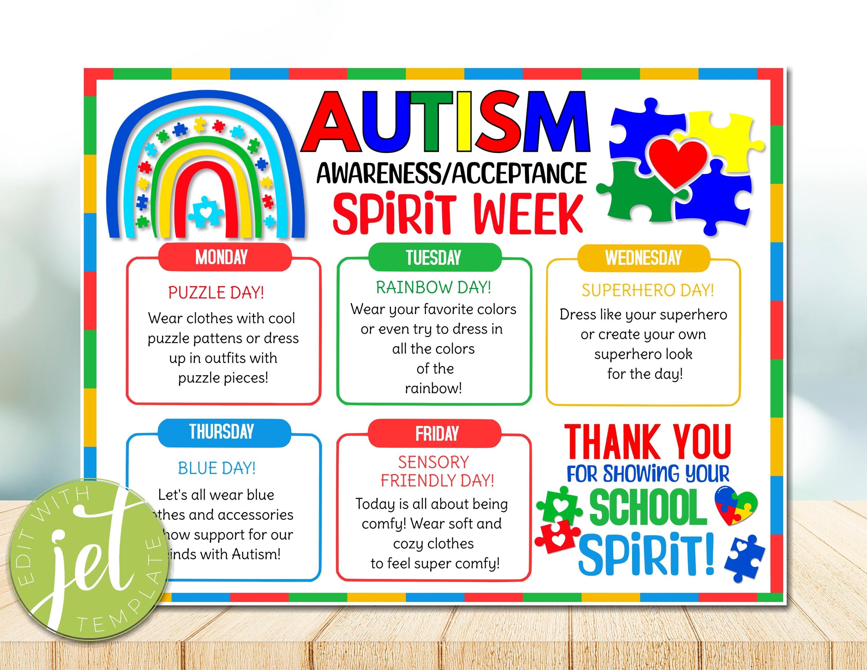 EDITABLE Autism Awareness & Acceptance Spirit Week Flyer, Itinerary ...
