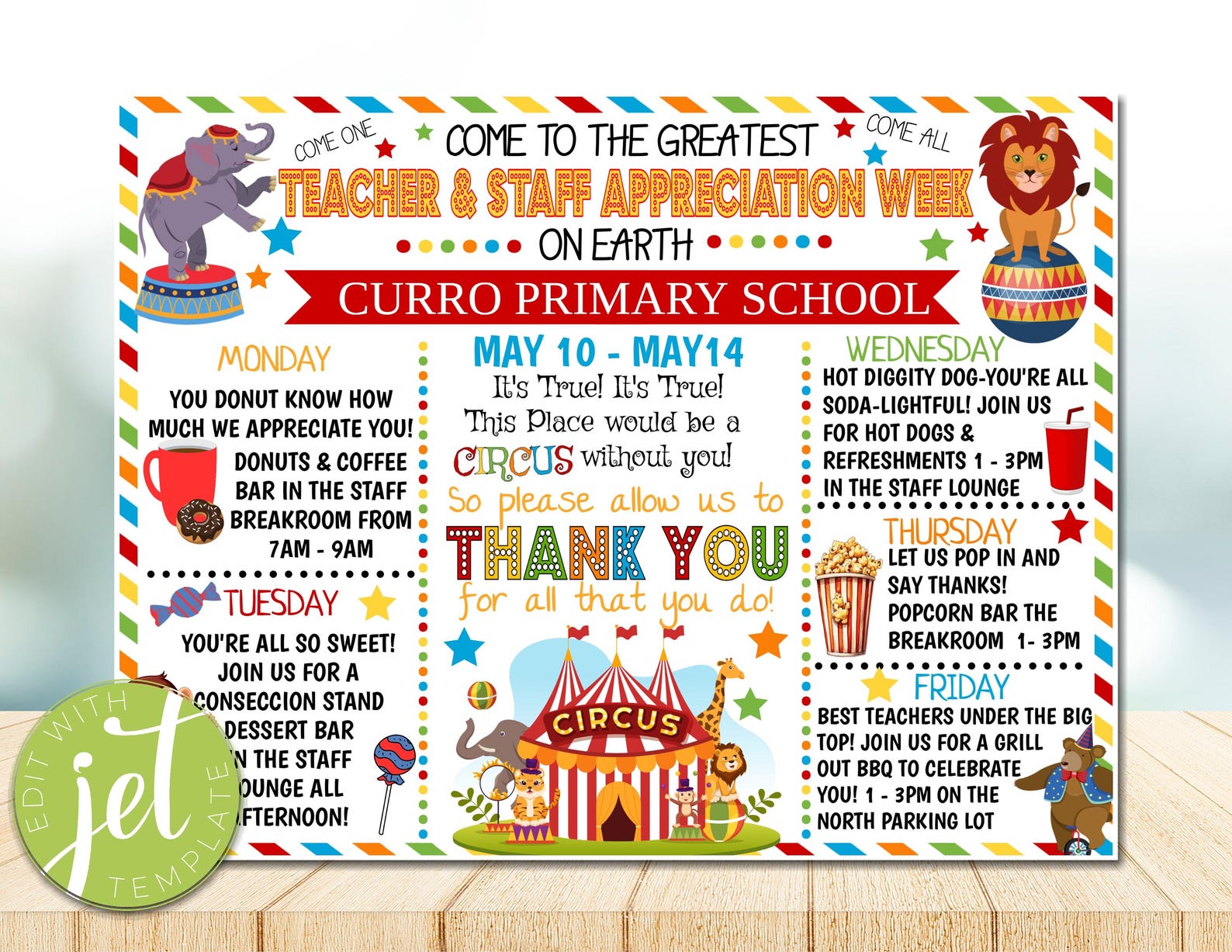 EDITABLE Circus Themed Teacher Appreciation Week Itinerary Flyer, Big ...