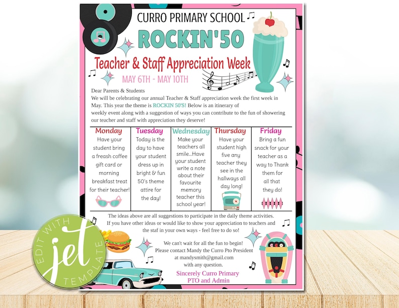 EDITABLE 50s Diner Theme Teacher Appreciation Week Itinerary, Retro ...