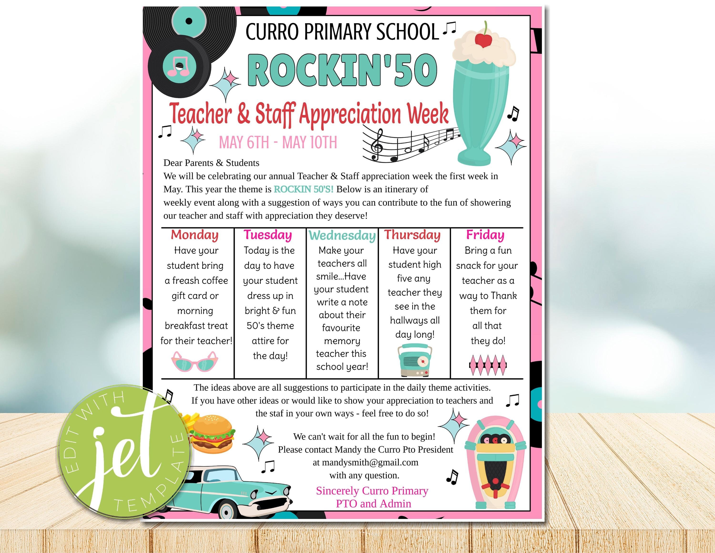 EDITABLE 50s Diner Theme Teacher Appreciation Week Itinerary, Retro ...