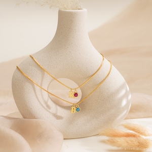 Dainty Initial Birthstone Necklace With Box Chain, Personalized Letter ...