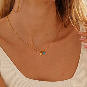 Dainty Initial Birthstone Necklace With Box Chain, Personalized Letter ...