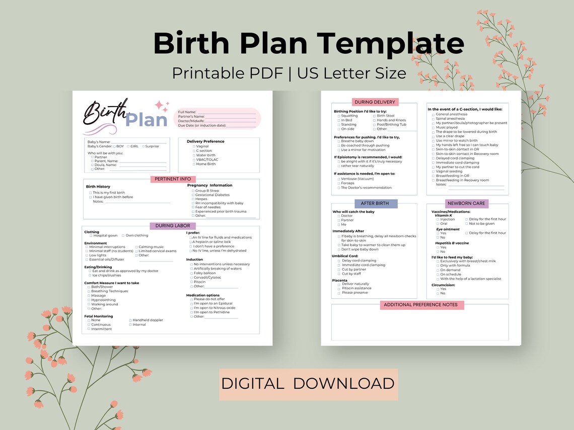 Editable Birth Plan Template Printable Birth Preferences Birth Plan ...