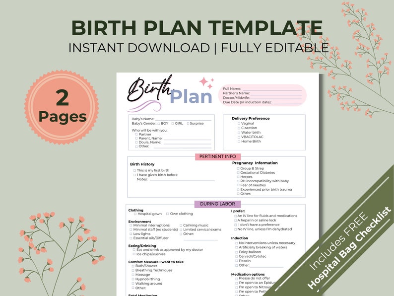 Editable Birth Plan Template Printable Birth Preferences Birth Plan ...