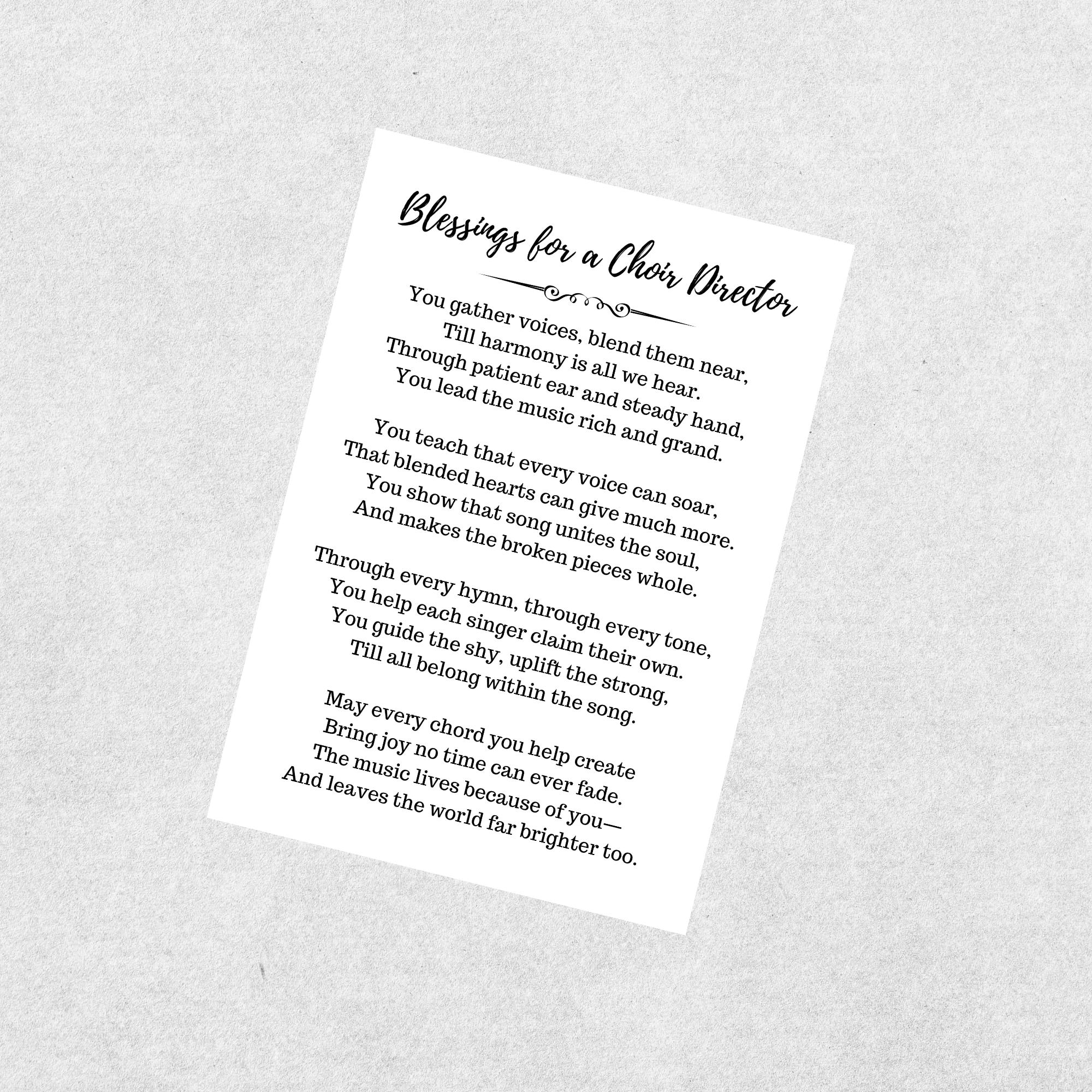 Choir Director Blessing Card Printable Christian Poem Prayer Thank You ...