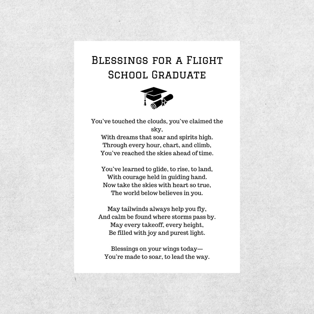 Flight School Graduate Blessing Card Printable Christian Poem Prayer ...