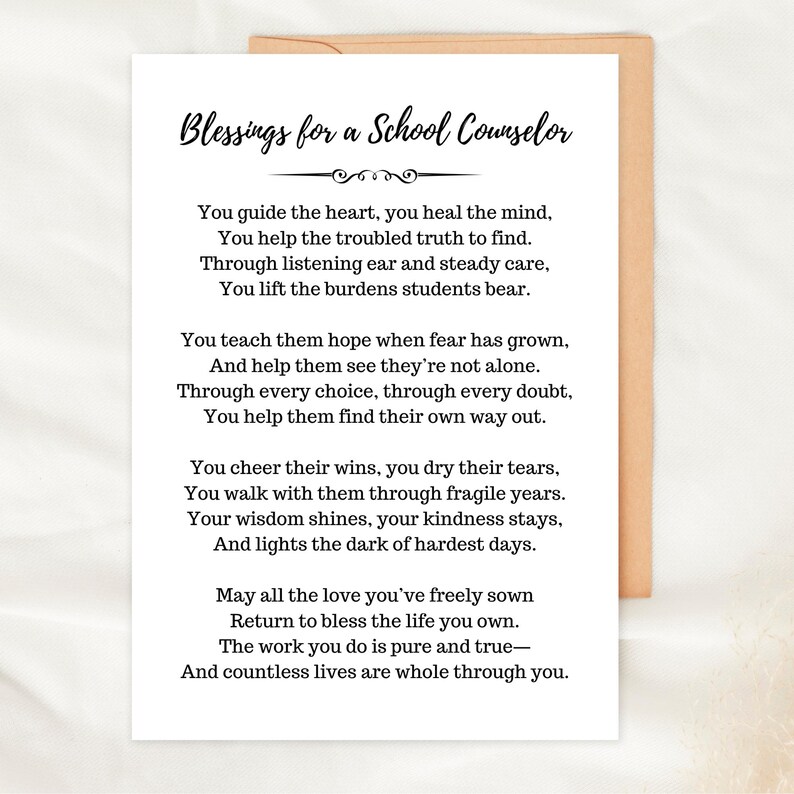School Counselor Christian Printable Blessing Card With Poem Prayer ...
