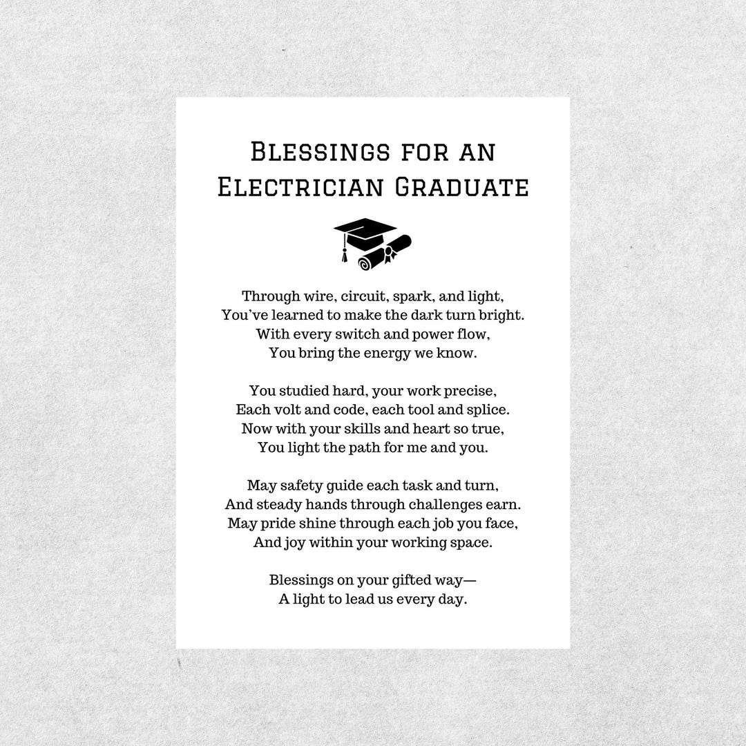 Electrician Graduate Blessing Card Printable Christian Poem Prayer ...