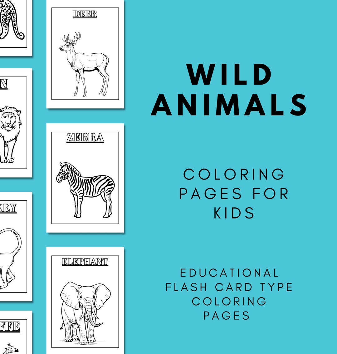 Wild Animal Coloring Pages Educational Flash Cards for Kids Learning ...
