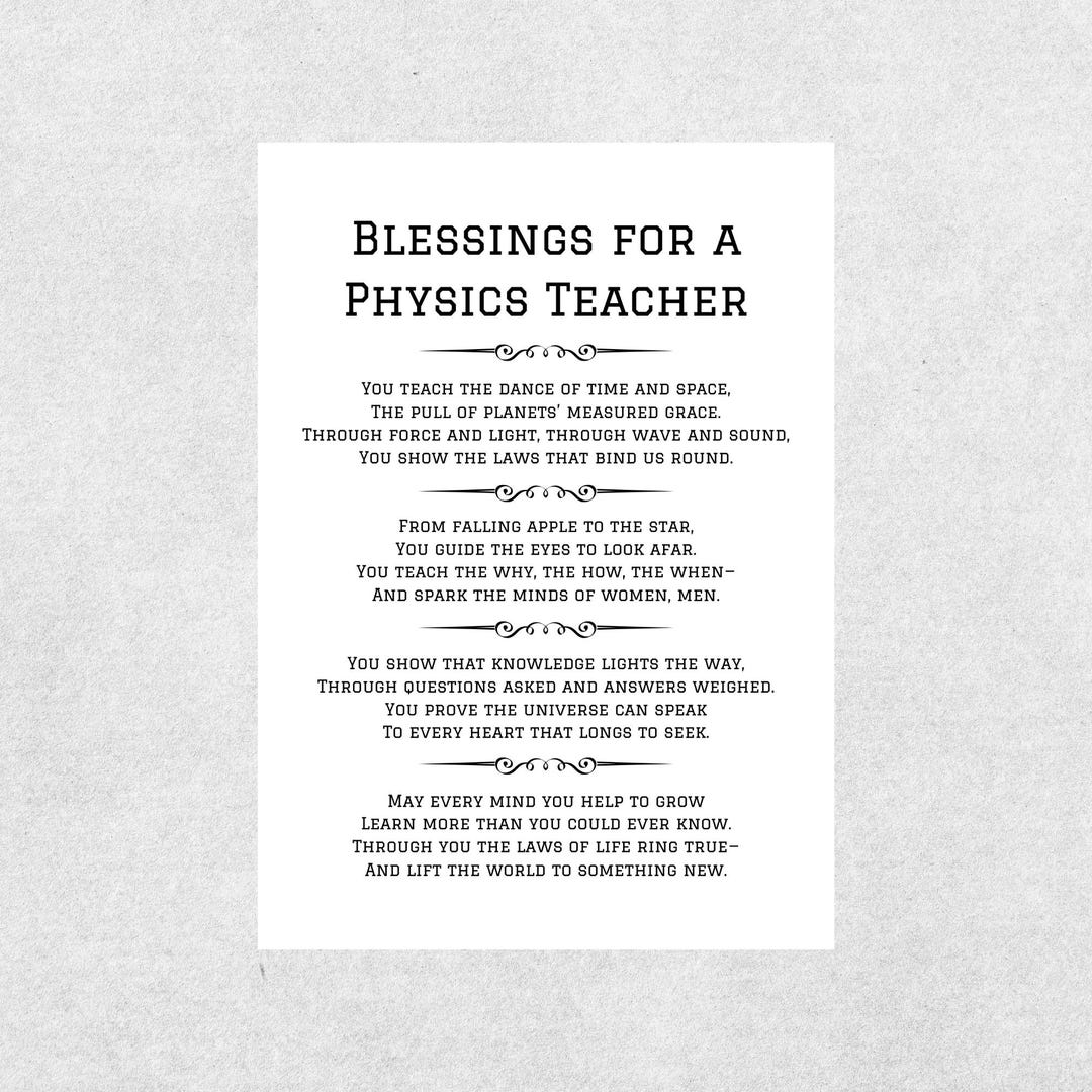 Physics Teacher Blessing Printable Card Christian Poem Prayer Thank You ...