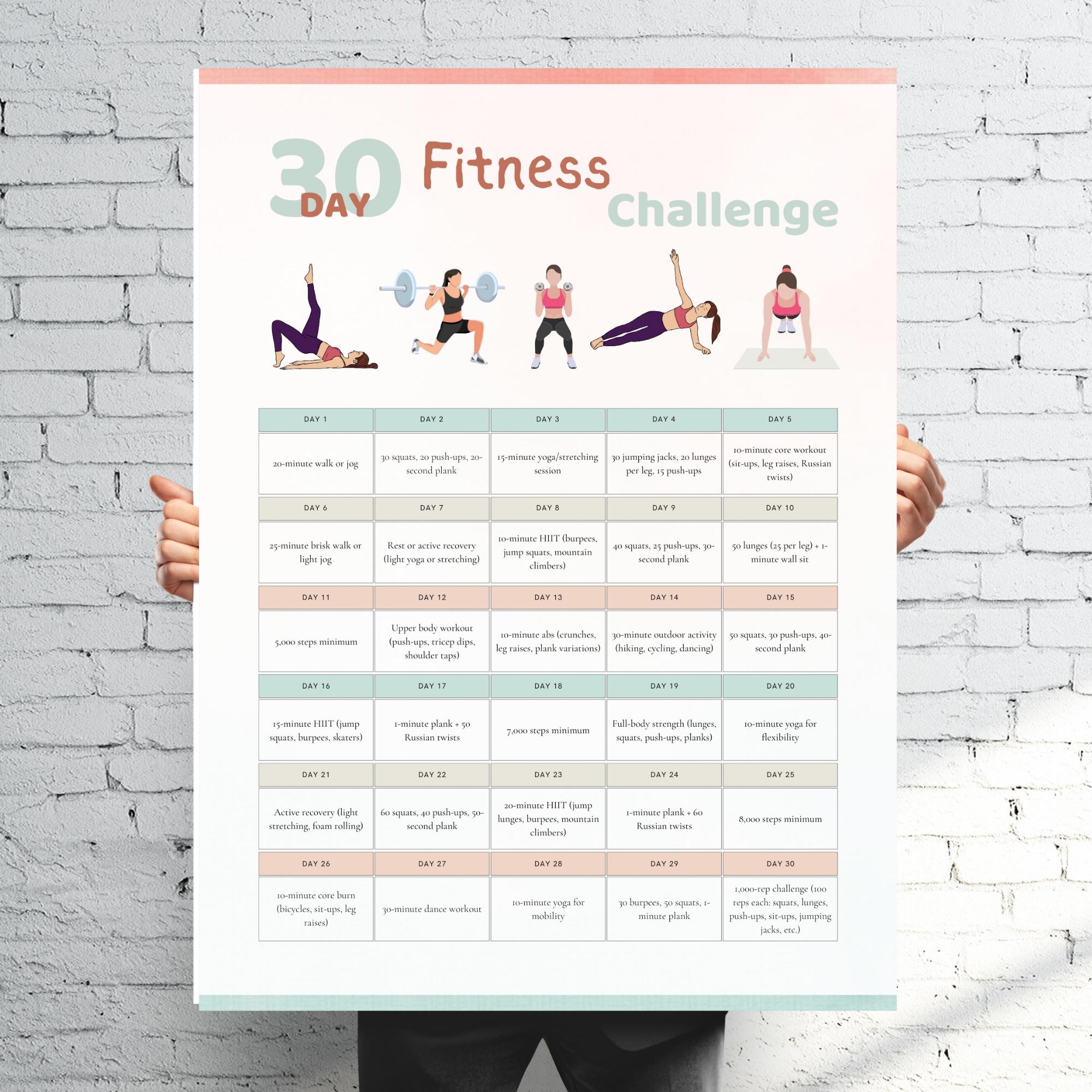 30 Day Fitness Challenge Printable Workout Tracker Gym Owner Tool ...