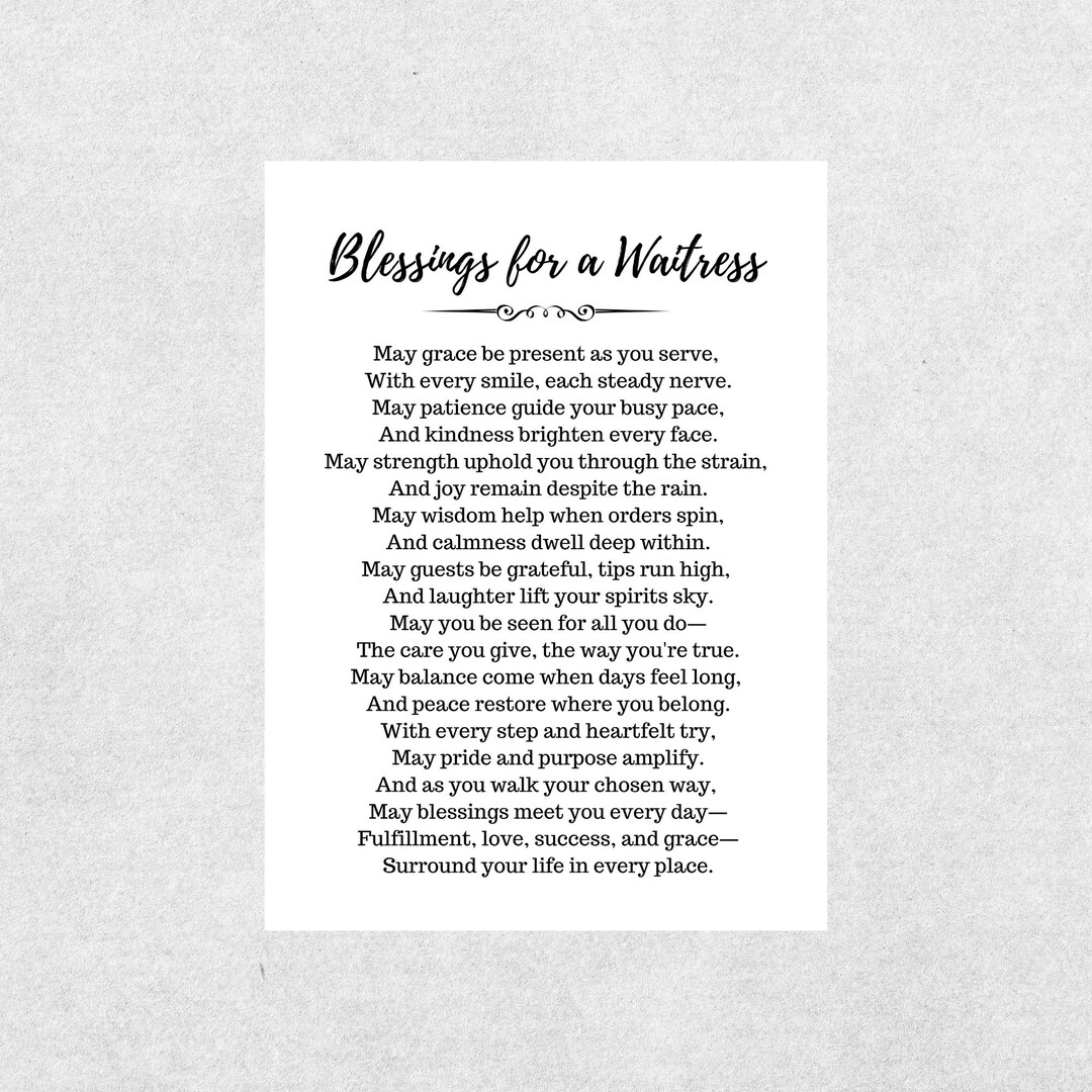 Waitress Blessing Card: Christian Prayer Gift for Restaurant Staff ...