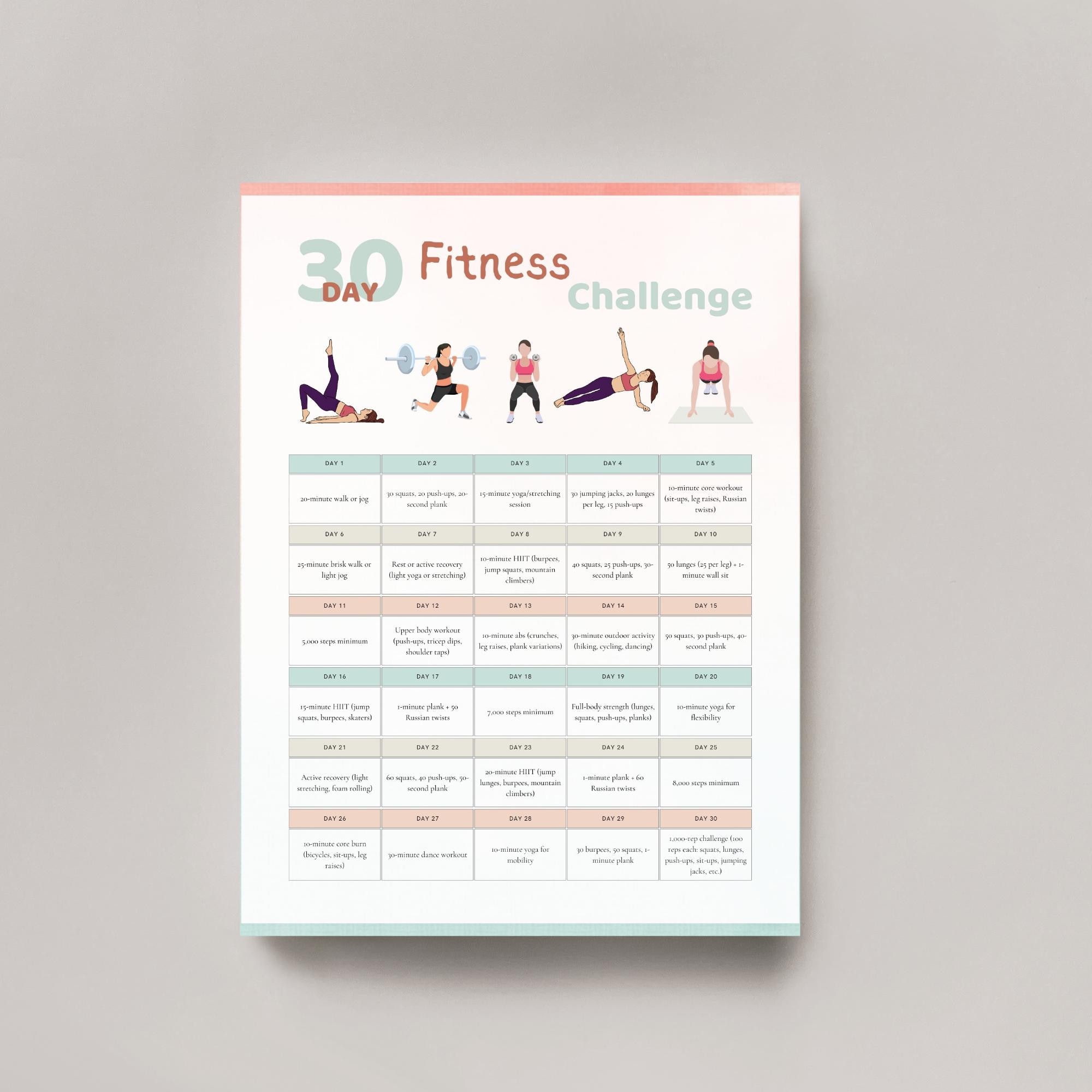 30 Day Fitness Challenge Printable Workout Tracker Gym Owner Tool ...