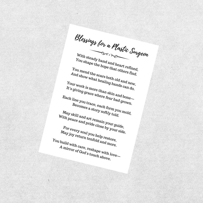 Plastic Surgeon Blessing Card Printable Cosmetic Surgeon Prayer Gift ...