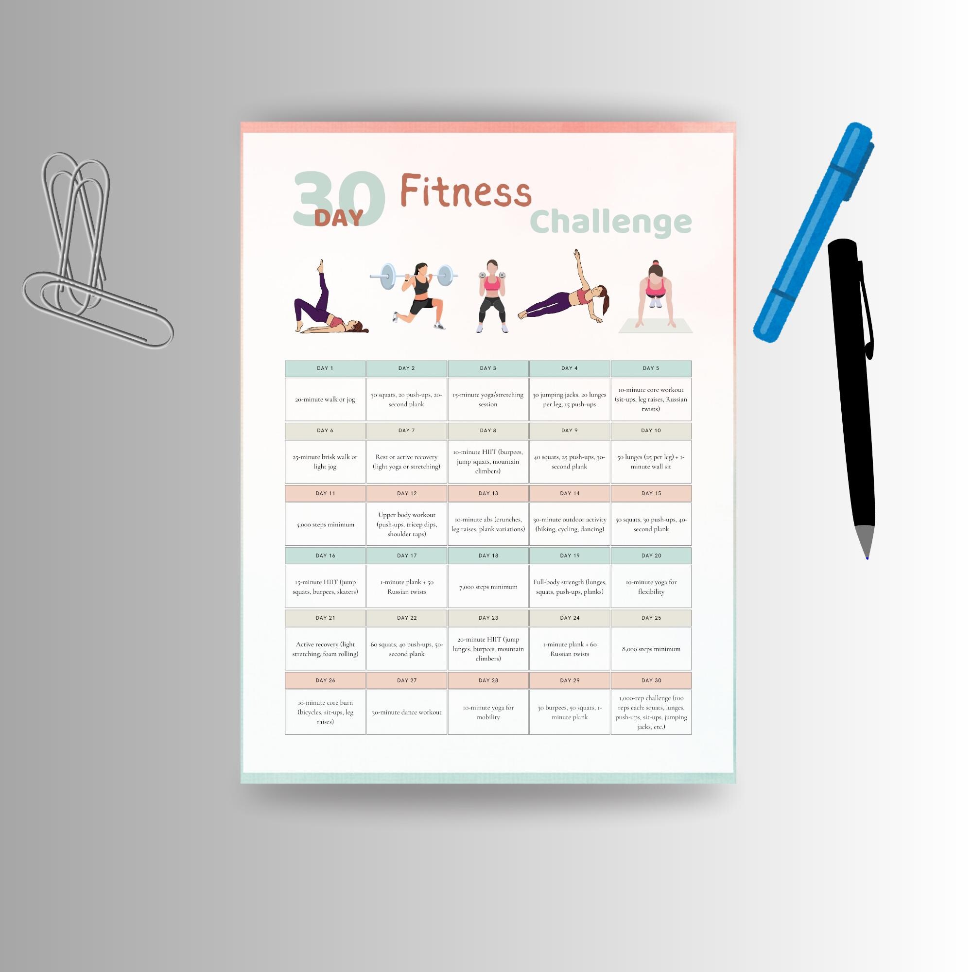 30 Day Fitness Challenge Printable Workout Tracker Gym Owner Tool ...
