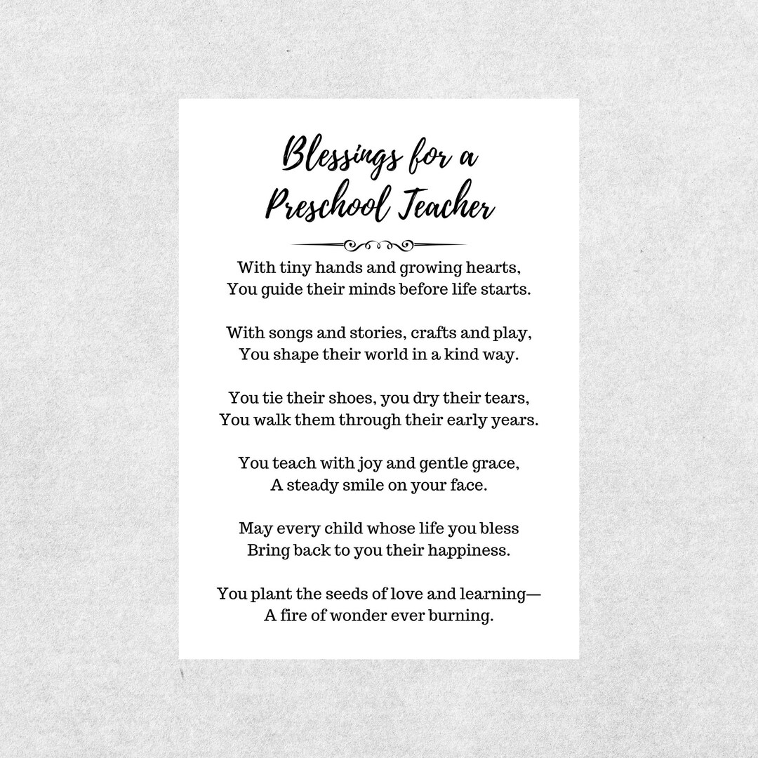 Preschool Teacher Blessing Card Christian Poem Prayer Printable Faith ...
