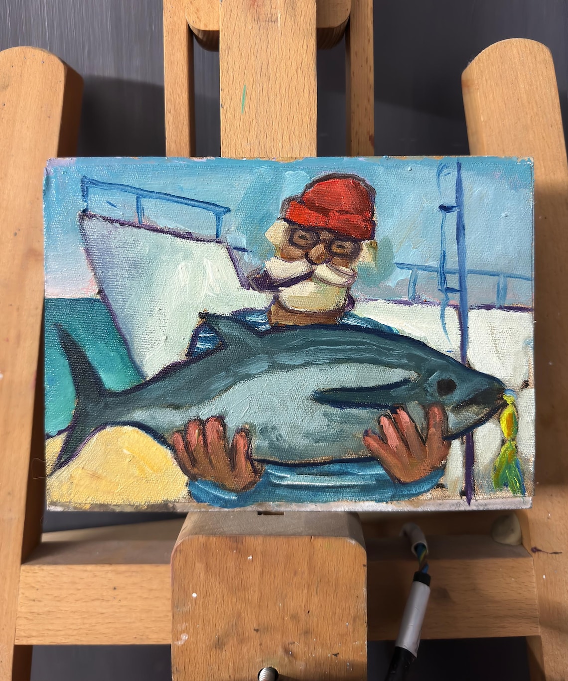 Fisherman Portrait Original Oil Painting - Tuna Fish Small Painting ...