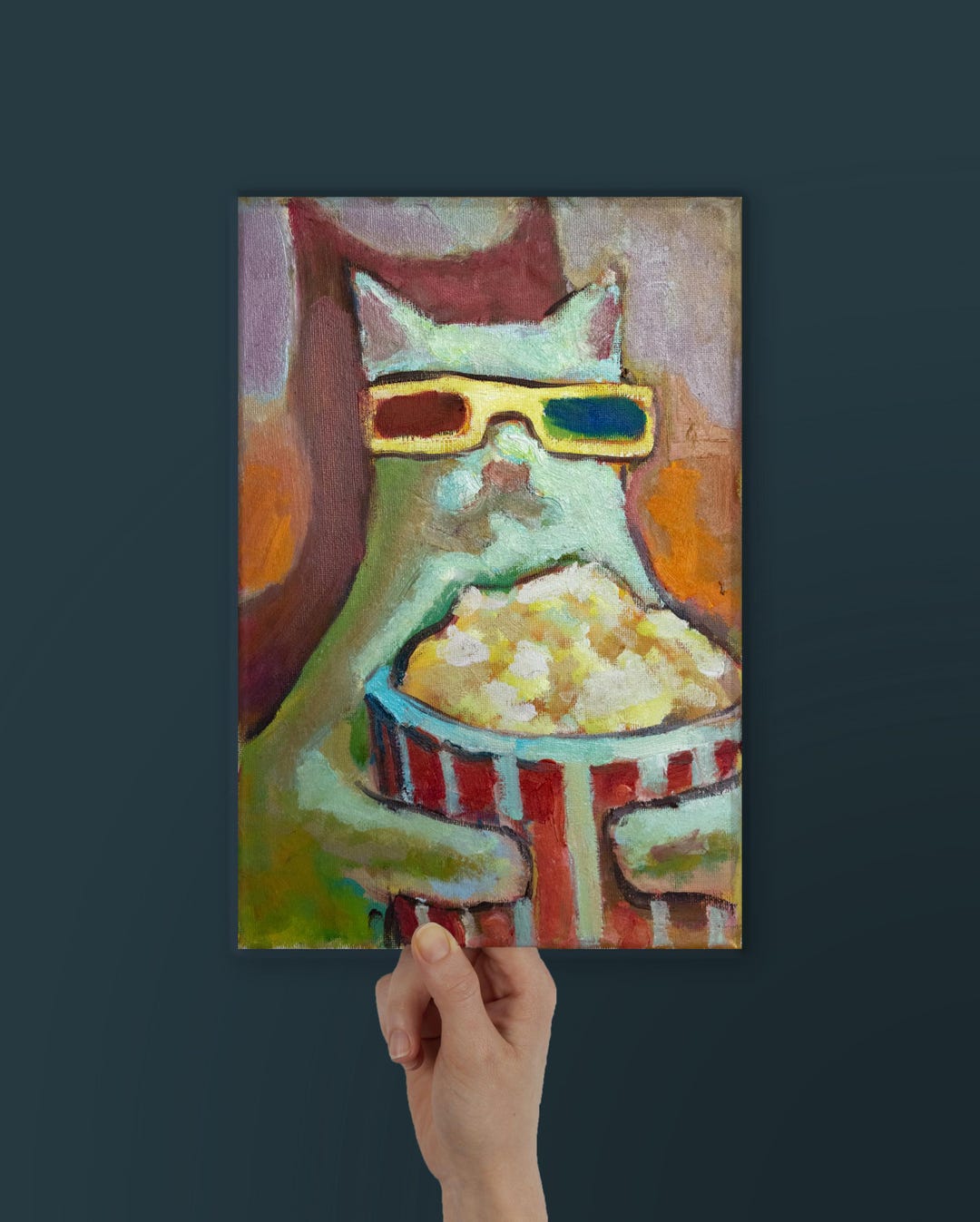 Funny Cat With Popcorn Art - Small Oil Painting - Pop Art Gift - Room ...
