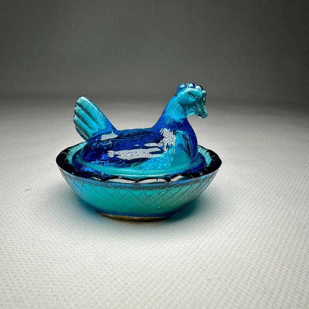 Vintage Mini Hen on Nest Blue Glass Salt Trinket Candle Karen Carson ...