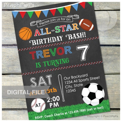 All Star Party Package Sports Invitation Birthday Soccer - Etsy