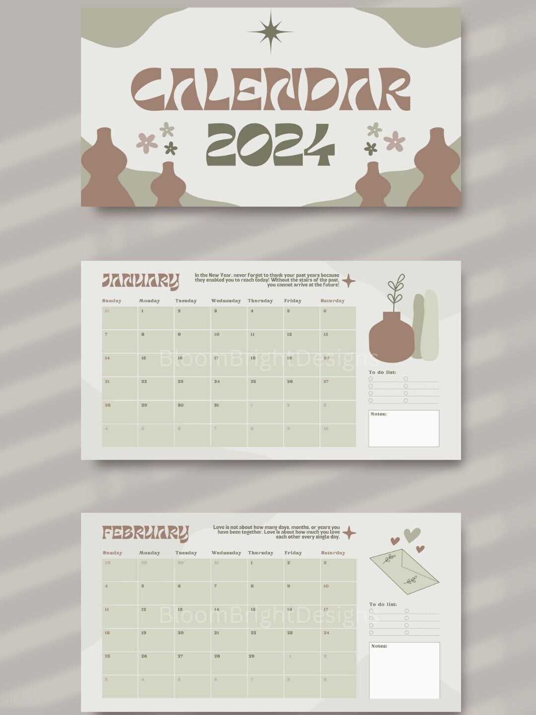 Canva Printable Boho Monthly Calendar 2024 Brown Olive Green Neutral ...