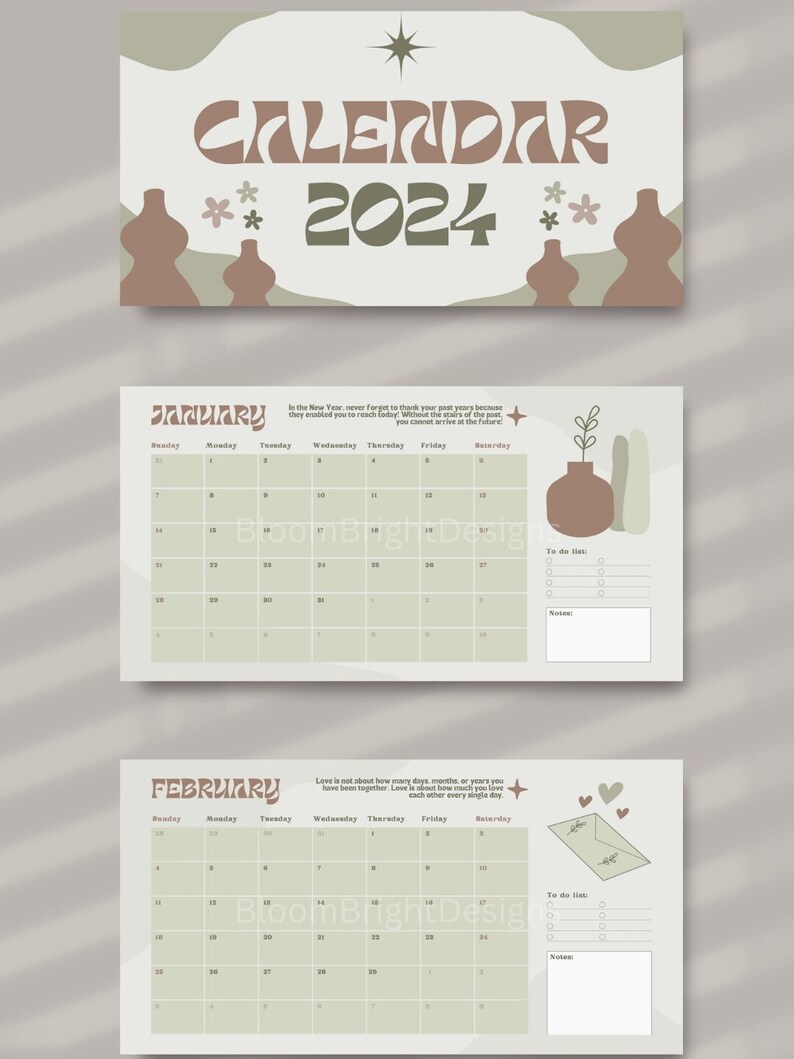 Canva Printable Boho Monthly Calendar 2024 Brown Olive Green Neutral ...