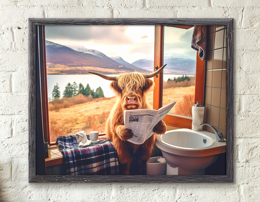 Cute Highland Cow Reading a Paper, Funny Animal Wall Art, Bathroom ...